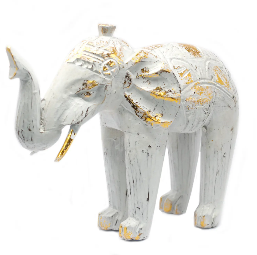 Hand Carved Wood Elephant Figure - White Gold – Kuantum Life Hand Carved Wood Elephant Figure - White Gold – Kuantum Life